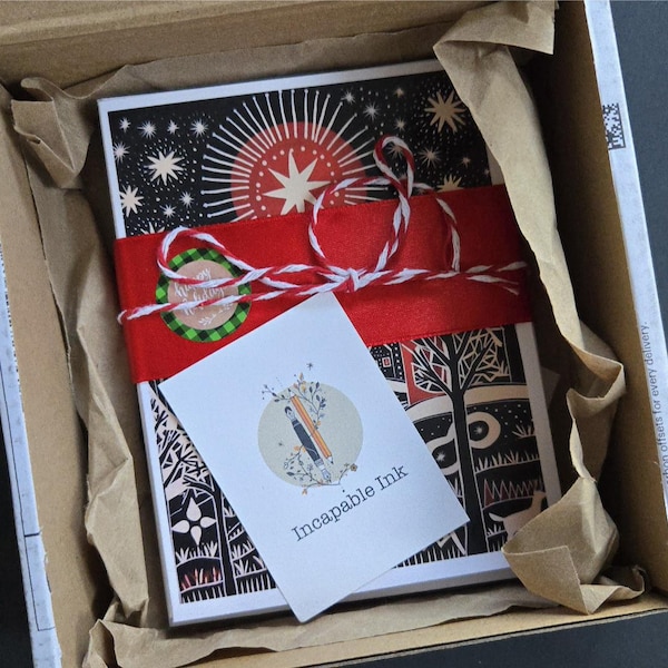 8 Assorted Block Print Style Christmas Cards Set | Winter Village ...