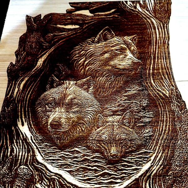Wolf & Wolves in Carved Wood Style - 3D Illusion PNG for Laser ...
