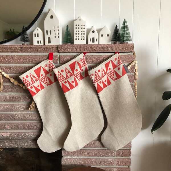 Nordic Tree Christmas Stocking, Handmade in Natural Linen, Scandinavian ...