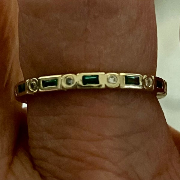 14k Gold Emerald Ring, Emerald Eternity Ring, Diamond Eternity Band ...