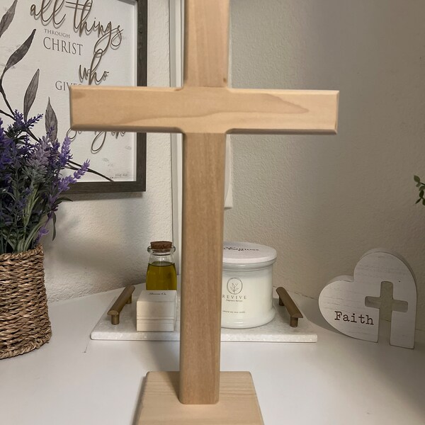 Wooden Cross, 16” Stand up Cross, Cross With Base, Handmade Stand up ...