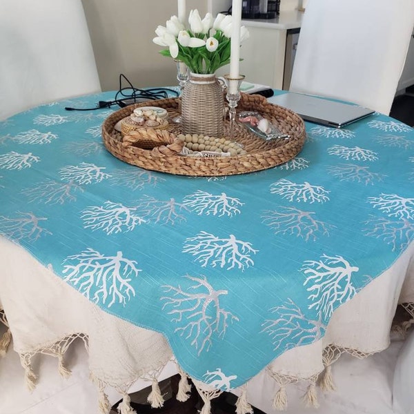 Aqua Blue Table Square Overlay Nautical Coral Reef Linens Table ...