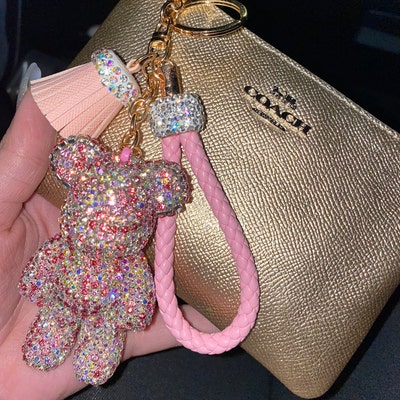 Pink Crystal Bear Key Chains Cute Keyrings Tassel Pink Rope Braided ...