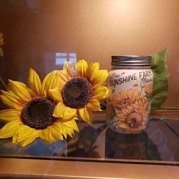 Farmhouse Decoupage Sunflower Mason Jar/vase/ With Finished Lid ...