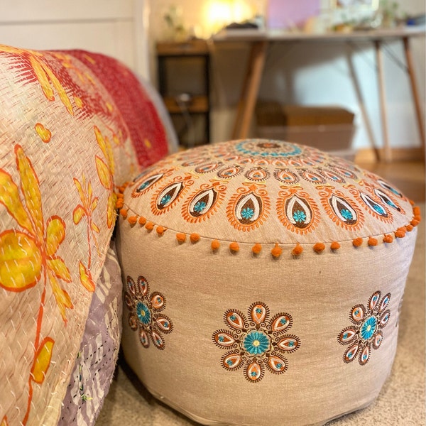 STUFFED Ottoman Pouf Indian Embroidery Handmade Pouf Footstool ...