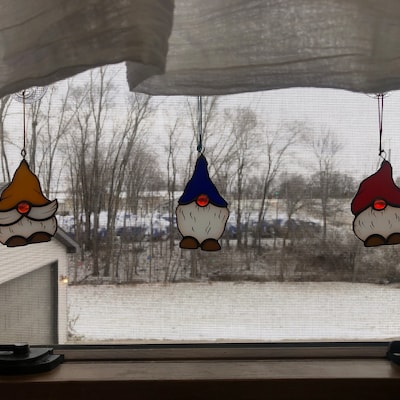 Set of 3 Christmas Dwarf Stained Glass Suncatcher Gnome, Stained Glass Christmas Tree Hanging ...