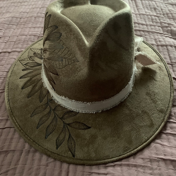 Distressed Cow Hide Burned Cowboy Hat Cowboy Hat Ladies Western Explorer Hat Wedding Hat Wide ...