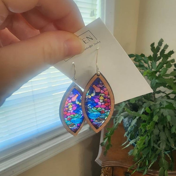 Mosaic Stained Glass Earrings // Teardrop // Mahogany Wood // Bright ...