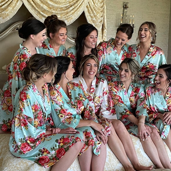 Coral Bridesmaid 3/4 Sleeves Floral Stain Robes, Bridal Party Robes ...