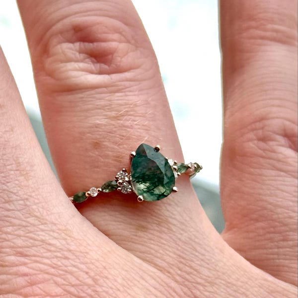 Pear Shaped Moss Agate Engagement Ring Set Vintage Unique Rose Gold Bridal Set Antique Marquise ...