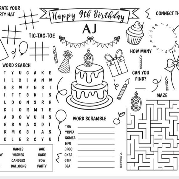 Printable Birthday Coloring Placemat, Birthday Activities for Kids ...
