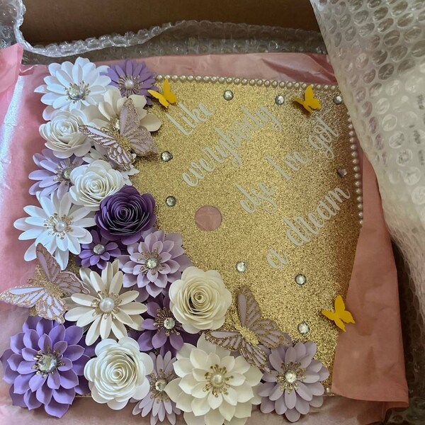 Purple/gold Graduation Cap Topper Paper Flowers Paper Butterflies ...