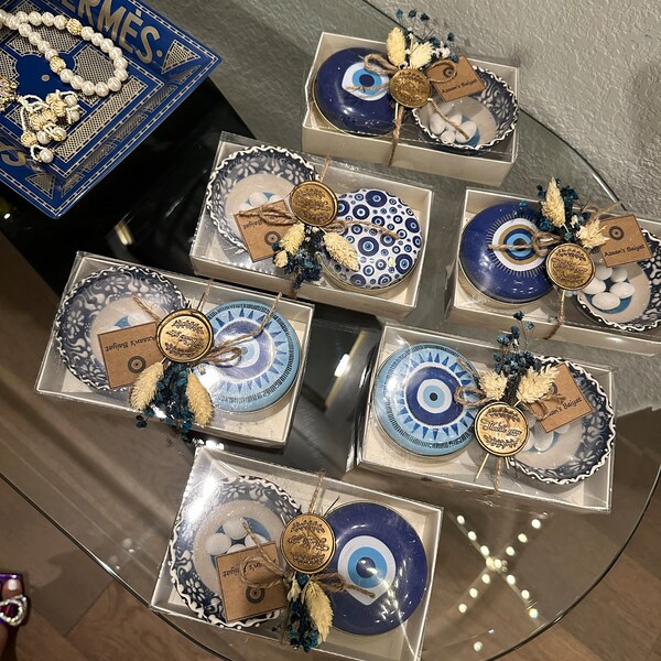 Evil Eye Wedding Favor: Candle, Soap, Ceramic Bowl & Almonds - Etsy