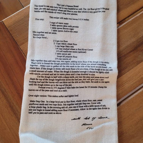 Recipe Tea Towel Printed From Handwritten Family Recipe Towel, Recipe ...