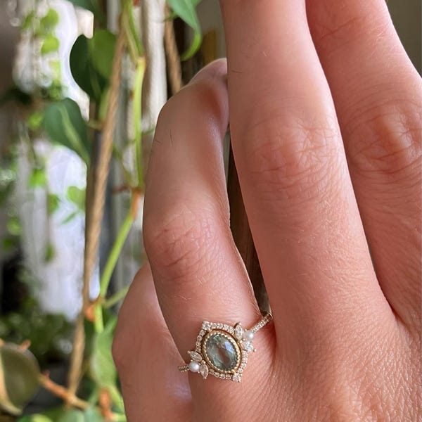 Unique Pink Sapphire Engagement Ring Solid Gold Peach Sapphire Rings for Women Vintage Opal ...