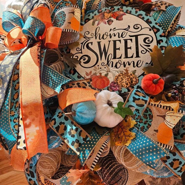 Fall Wreath: Cheetah, Turquoise, and Orange Pumpkin Decor - Etsy