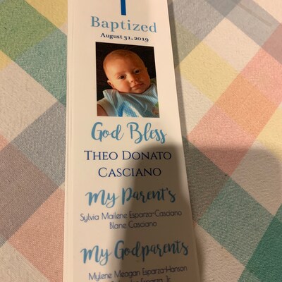 Boy Baptism Bookmark With Photo, Blue Greenery Milestone Bookmark for ...