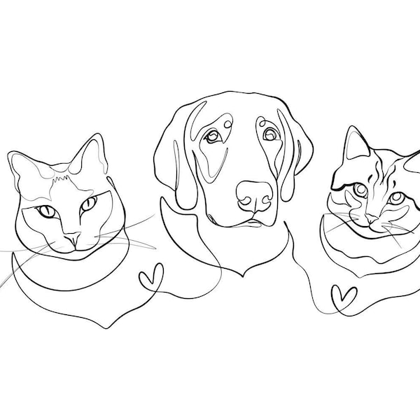 3 Pets/characters One Line Portrait Commission, Dog One Line Portrait ...