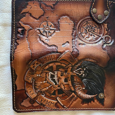 Viking, Axe, Runes, Skull, Crow, Map, Compass, Men's 3D Genuine Leather ...