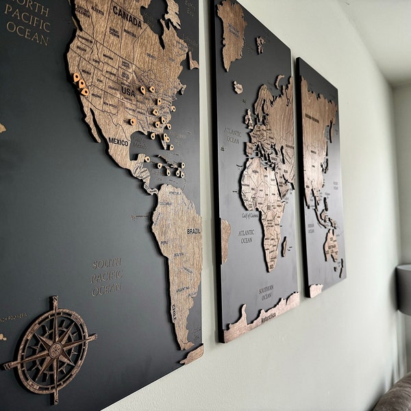 World Map Push Pin Wall Art, Wooden World Map Decor, Map of the World ...