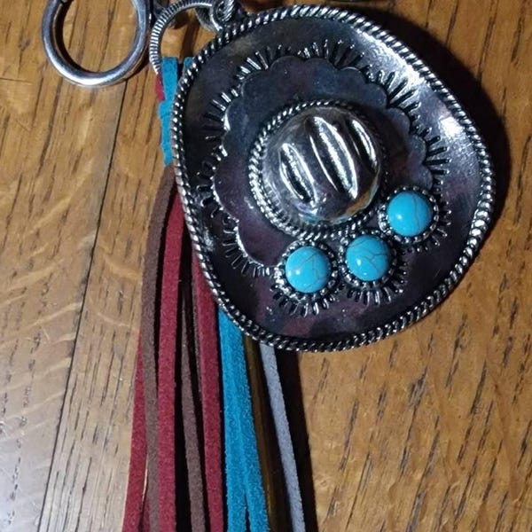 Western Keychain With Charm/ Cowboy Hat With Turquoise Accent and ...