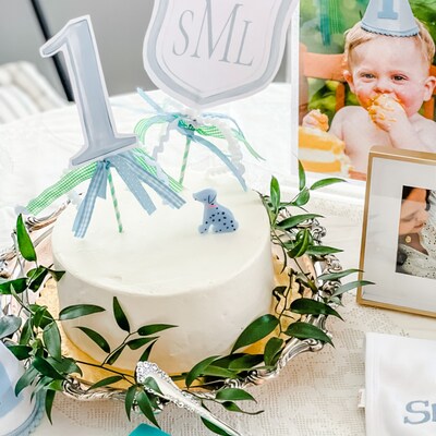 Watercolor Blue ONE Cake Topper & Monogram Blue Crest Cake Topper ...