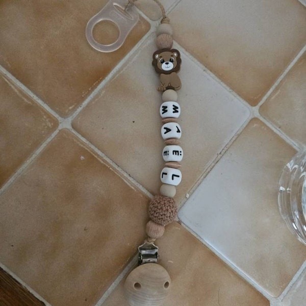 Personalized Silicone Pacifier Clip LION - Light Brown Beige Wood - Boy ...