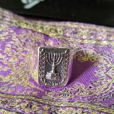 Emblem of Israel Signet Ring, Sterling Silver Classic Menorah Band, Man ...