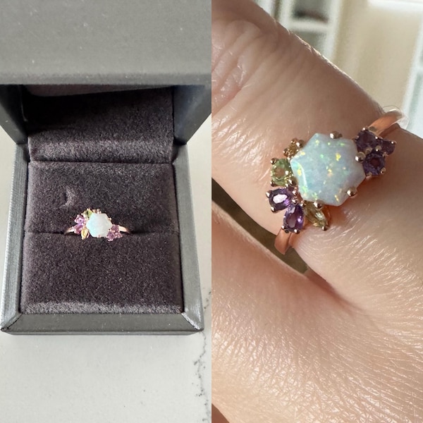 Vintage Hexagon White Opal Engagement Ring Rose Gold Cluster Peridot Amethyst Ring Women Dainty ...
