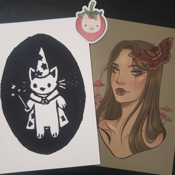 Magical Wizard Cat Linocut Block Print | 4 X 6 Mini Print | Printmaking ...