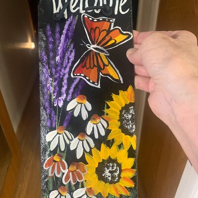 Painted Slate Welcome Sign, Garden Slate Sign, Floral Welcome Plaque ...