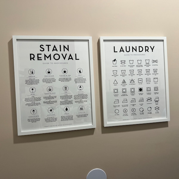 Set of 2 Laundry Symbols Guide Stain Removal Guide Wall Decor, Laundry ...