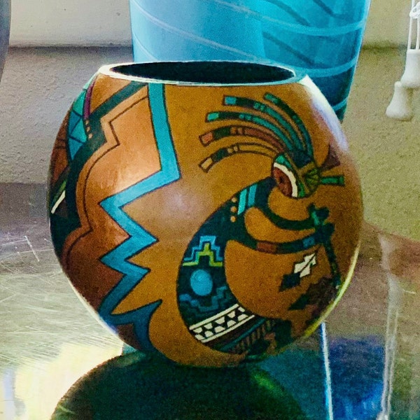 Southwestern Hand Painted Gourd Pot New Mexico Desert Thunderbird Eagle ...