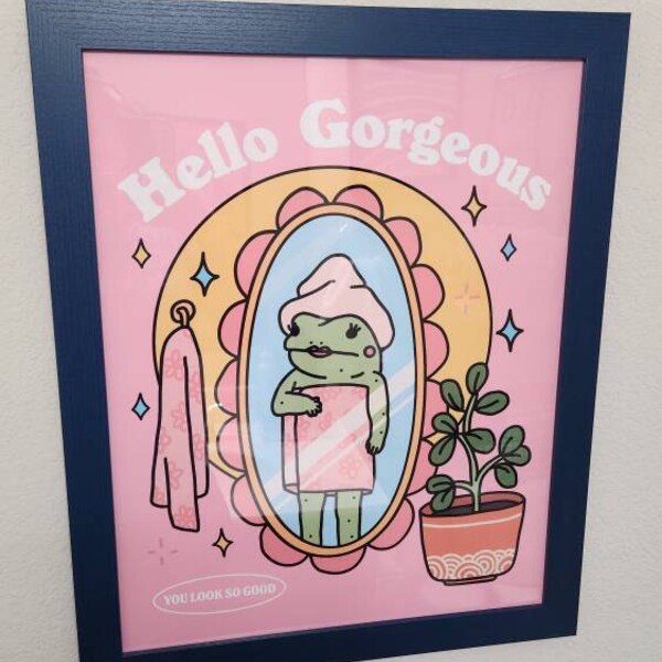 Girly Frog Self Love Wall Print, Positivity Hello Gorgeous Quote, Pink ...