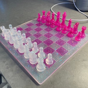 Glitter Resin Chess and Checkers Set Enchanted Opal & Chunky Pink ...