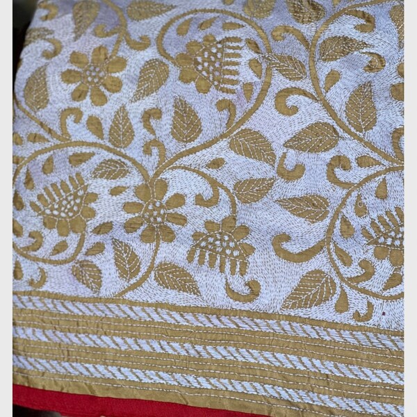 Pure Geecha Silk With Kantha Embroidery on Tussar Blouse - Etsy