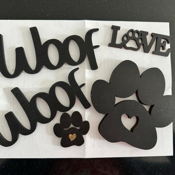 Woof or Meow Word Cutout and Paw Print Bundle - Laser Cut - Wooden Dog ...