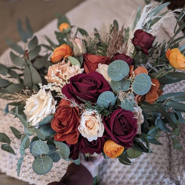 Bridal Bouquet With Burgundy and Rust Orange Flowers, Burgundy and ...