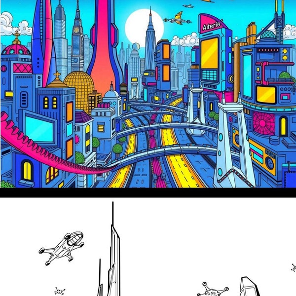 Futuristic Cityscapes Digital Coloring Pages – Urban Landscape Art for ...
