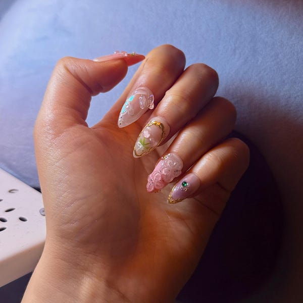 Cherry Picnic Press on Nails | Hand-painted Plaid Tips With Ladybugs ...