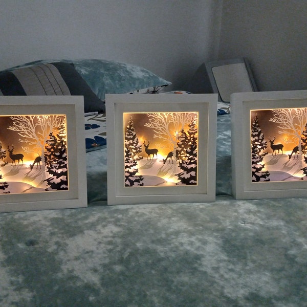 Woodland Deer in Moonlight 3D Light up Shadow Box Set in High Quality 9 ...