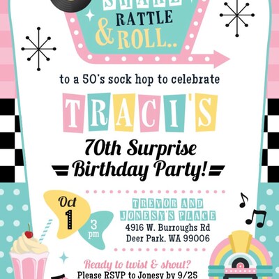 50s Birthday Invitation, 50s Sock Hop Party Invite, 50s Birthday Party, Retro 50s Theme Invite ...