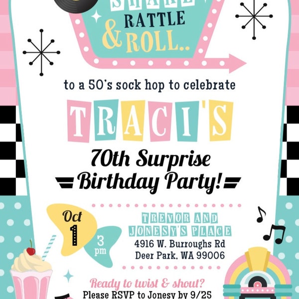 50s Birthday Invitation, 50s Sock Hop Party Invite, 50s Birthday Party, Retro 50s Theme Invite ...