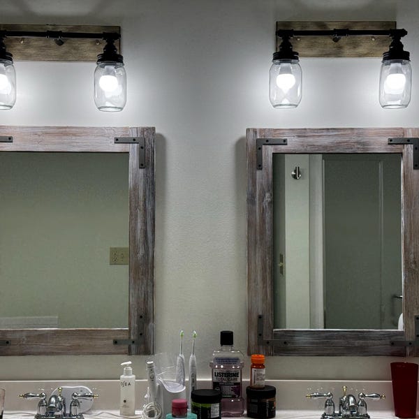 Bathroom Set - RUSTIC DISTRESSED Vanity Mirror With Mason Jar Light ...