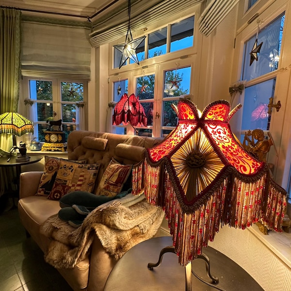 Red Velvet Lampshade: Handmade Victorian Style With Beaded Fringe - Etsy