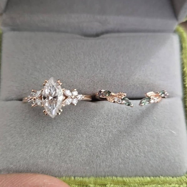 Marquise Cut Moissanite Engagement Ring Set Vintage Rose Gold Diamond Unique Moss Agate Wedding ...