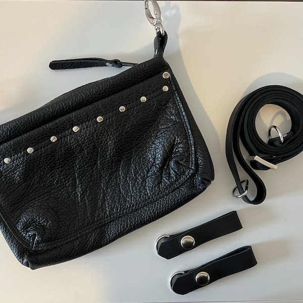 Men's or Women's Black Leather Hip Bag, Small Convertible Crossbody ...