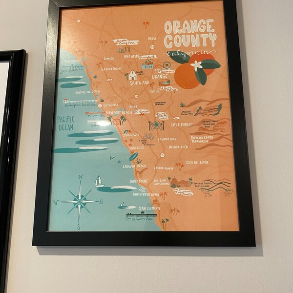 Orange County Map Poster 12x16 Art Illustration Print California CA ...