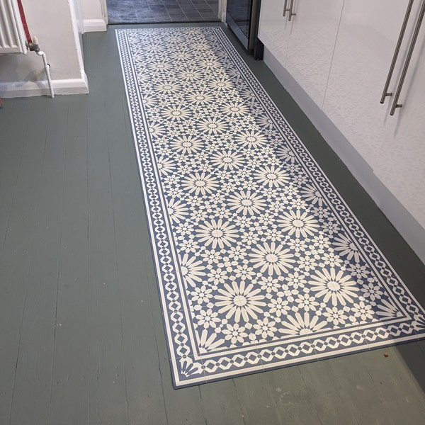 Vinyl Runner Rug or Hallway Runner With Moroccan Tiles Design in Blue ...