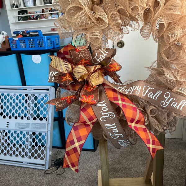 Fall Bow, Happy Fall Y’all Bow, Pumpkin Bow, Leaf Bow, Orange Bow, Fall ...